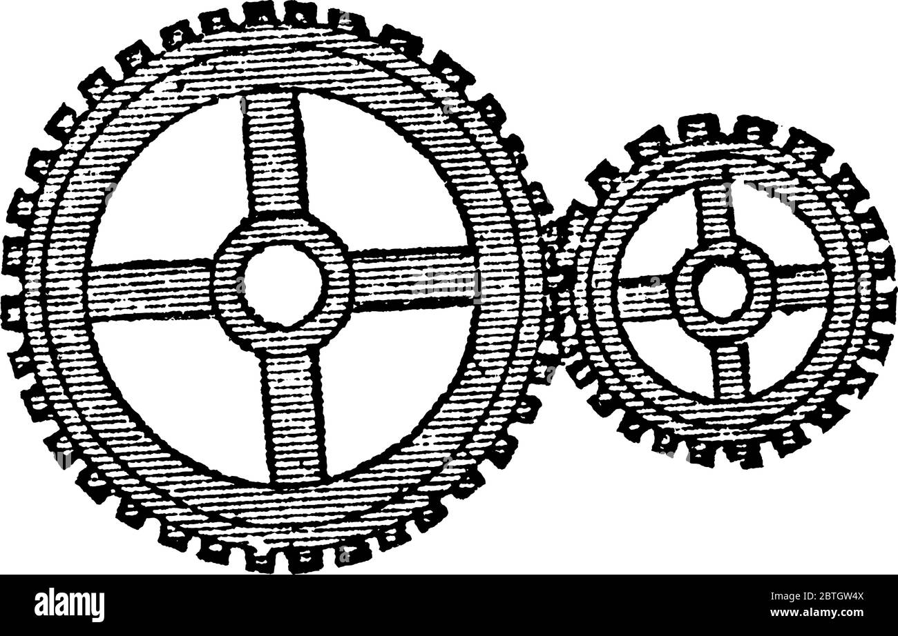 The set or arrangement of gears in a machine, vintage line drawing or ...