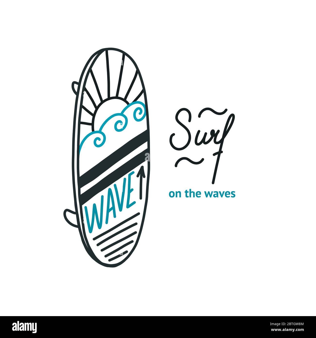 Surf on the ocean waves. Vector illustration in doodle style for prints ...