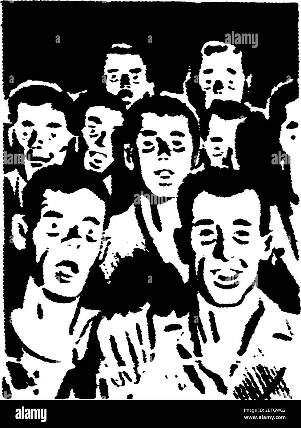 Drawing of a group of men, only showing their faces, vintage line ...