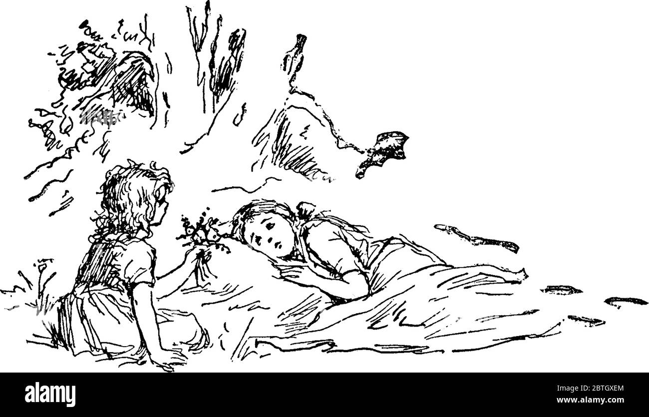 The picture depicts two young girls in the woods. One is laying down ...