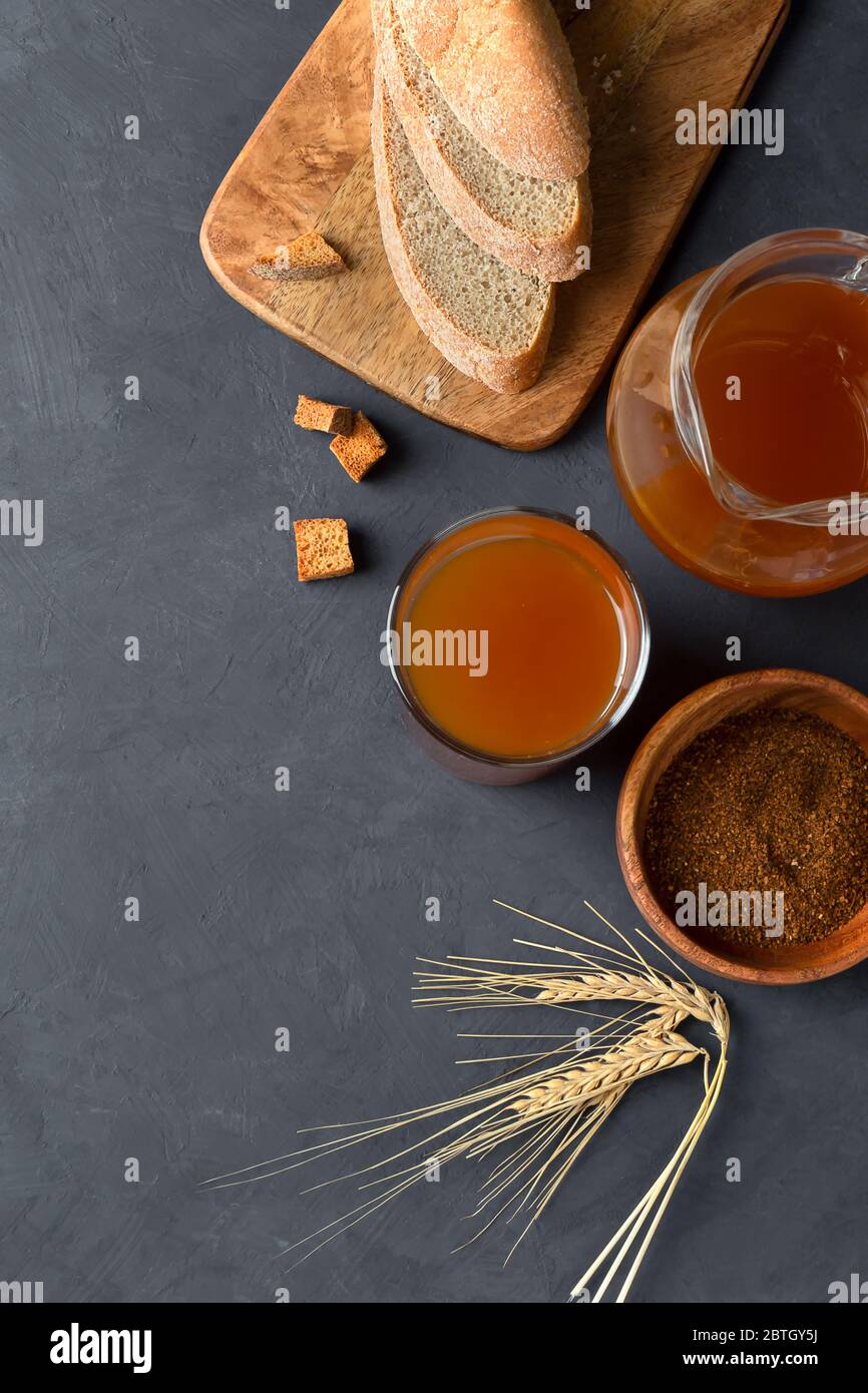 Kvass fermented soft drink, on bread, rye malt and sugar. Top view ...