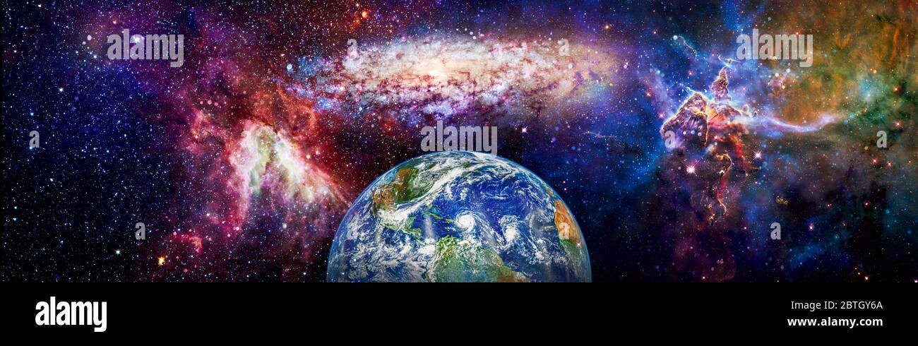 Panoramic view of the Earth, Nebula and Space. Western hemisphere ...
