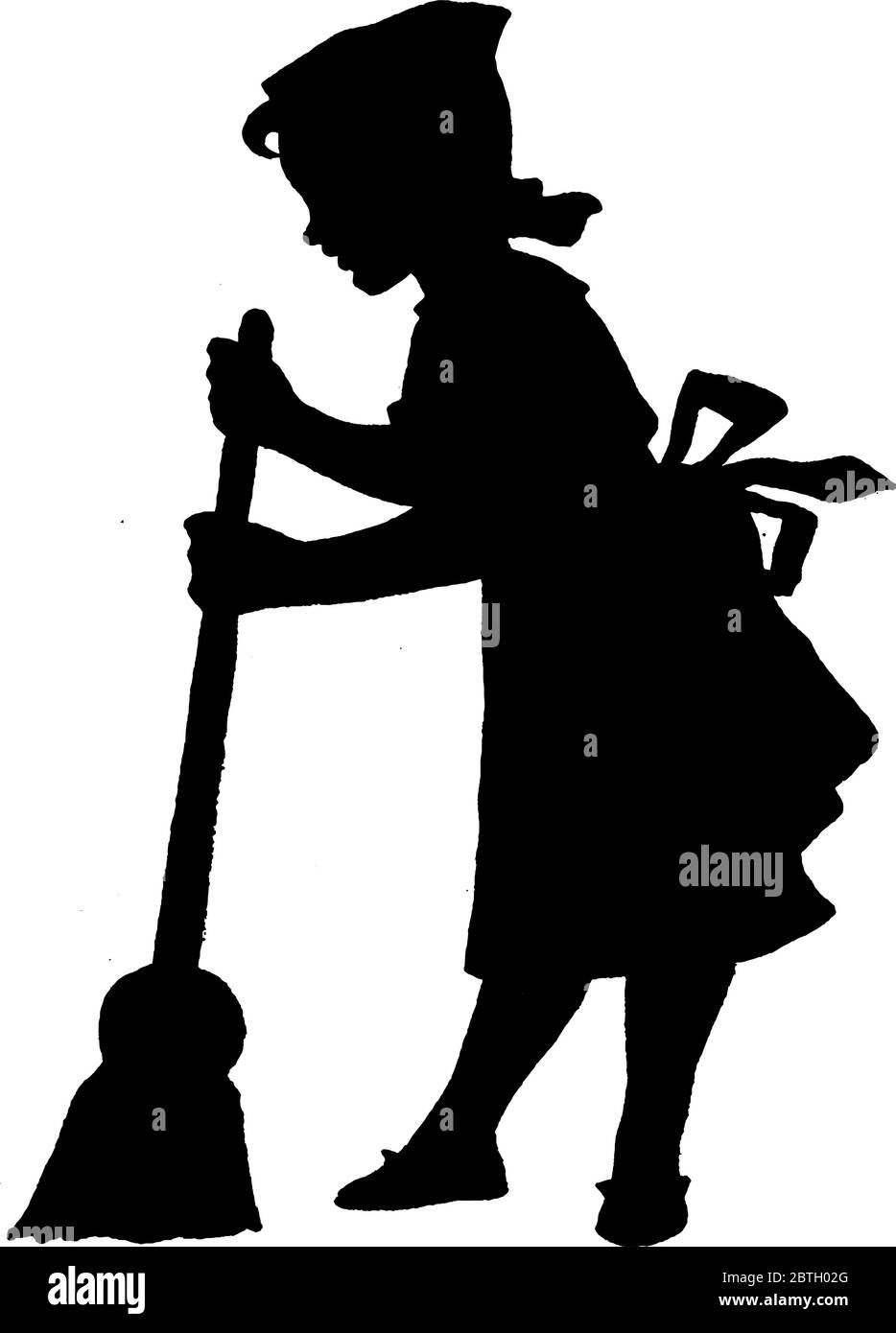 Girl cleaning floor by long-handled brush, vintage line drawing or ...
