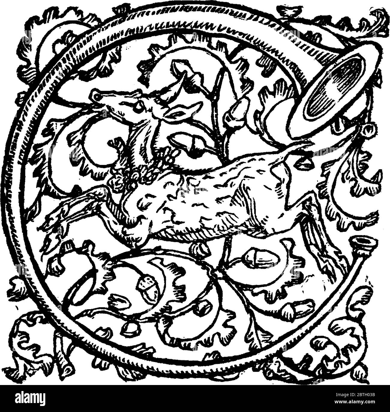 A decorative design of Horn with female deer in Center., vintage line ...