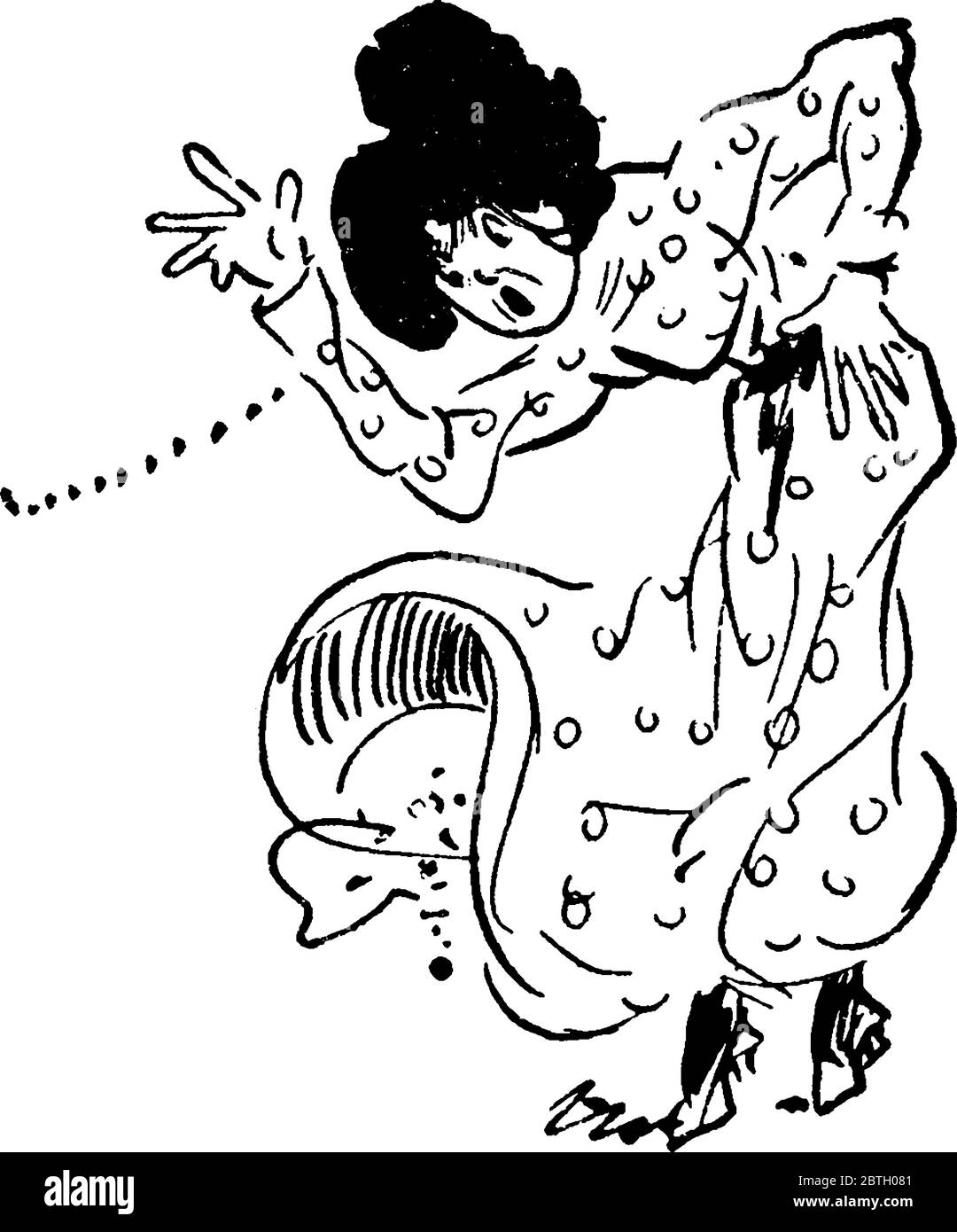 Cartoon of women showing her ruffled frilled dress, vintage line ...