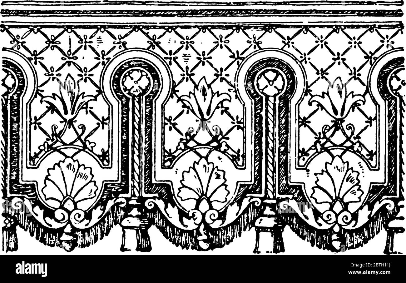 A hanging textile termination with the lower end ornamentally cut. It ...