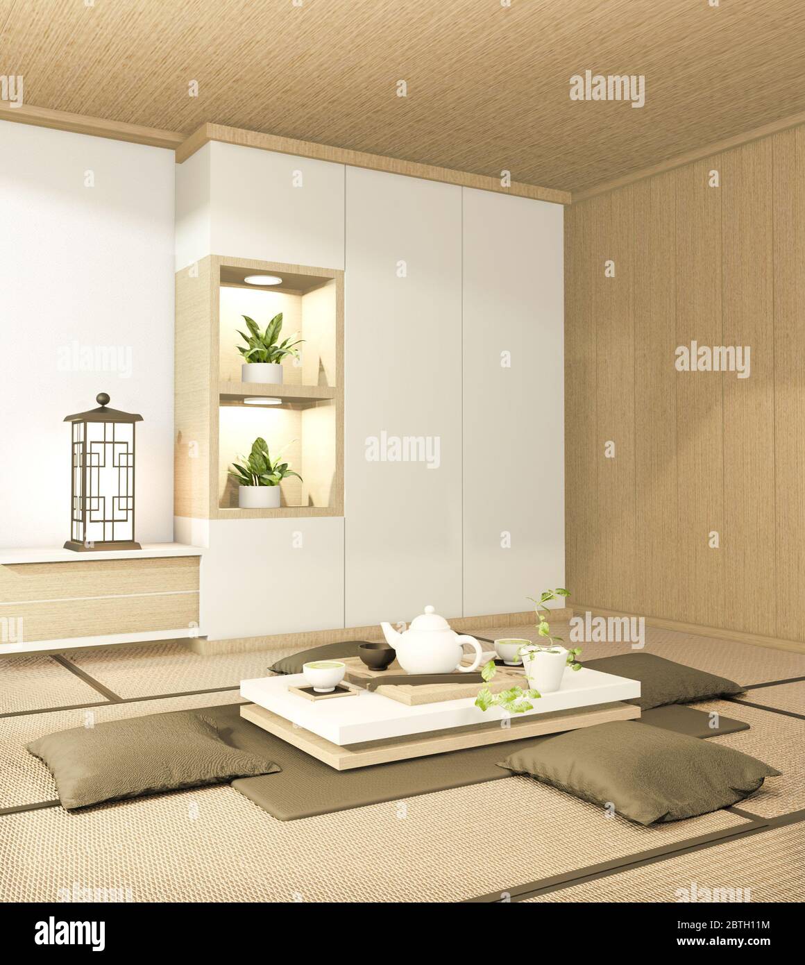 TV cabinet and armchair Japanese style on room Ryokan minimal design ...