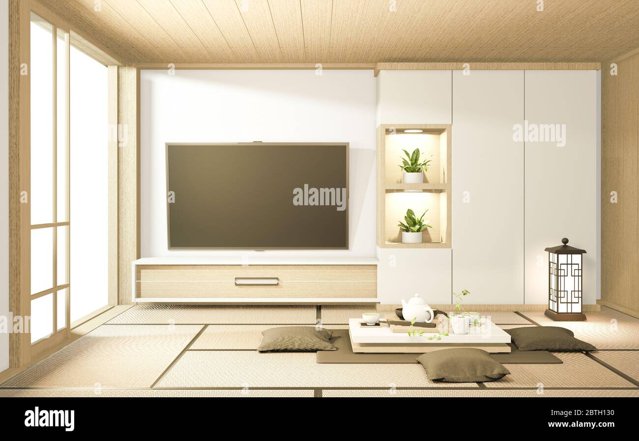 TV cabinet and armchair Japanese style on room Ryokan minimal design ...