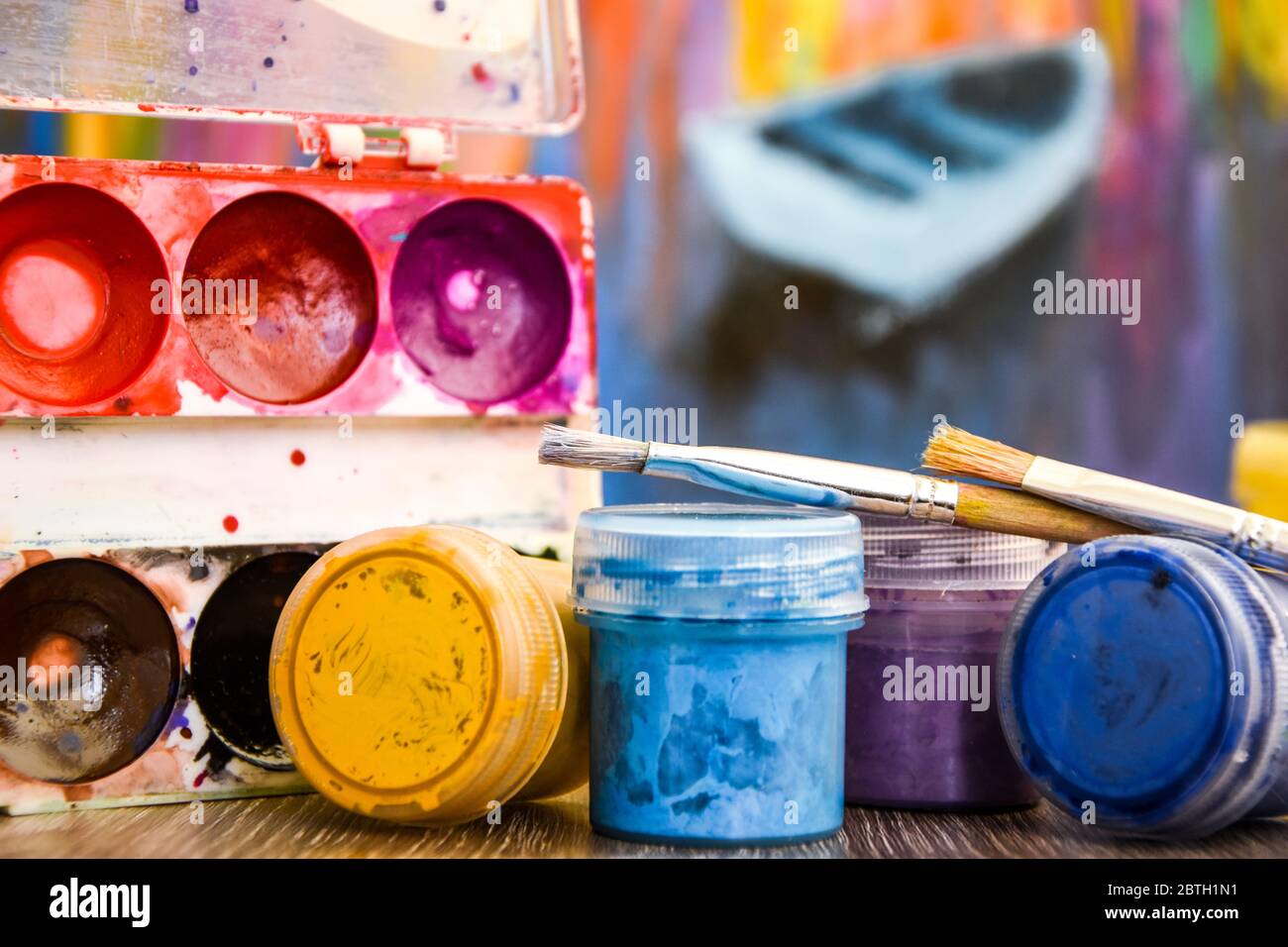 A set of paints for body painting. workplace, Paints, brushes and ...