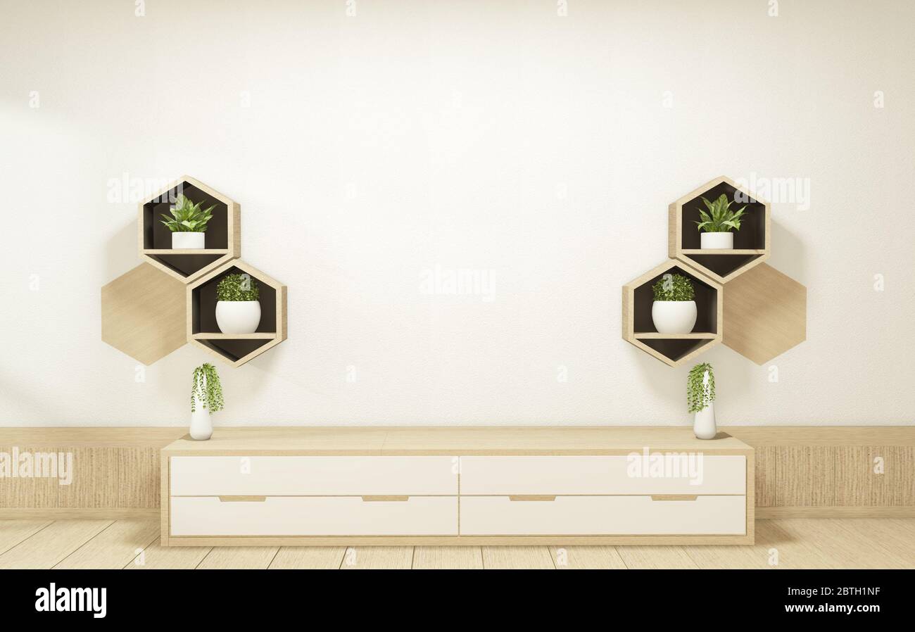 wooden cabinet tv with wooden hexagon tiles on wall and wooden floor ...
