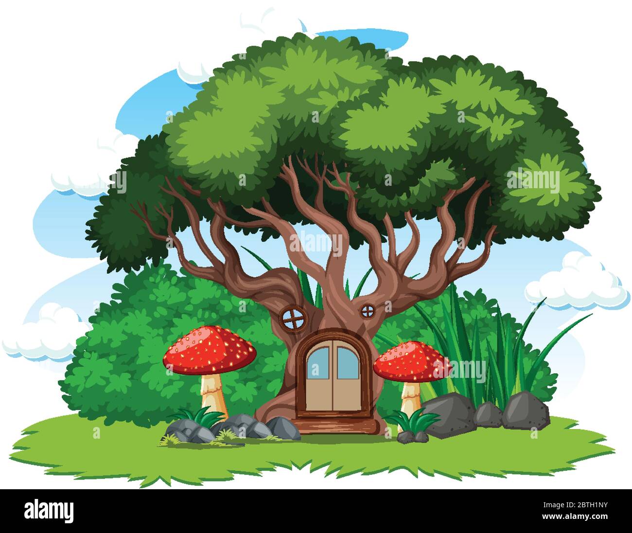Tree house and mushroom cartoon style on white background illustration ...