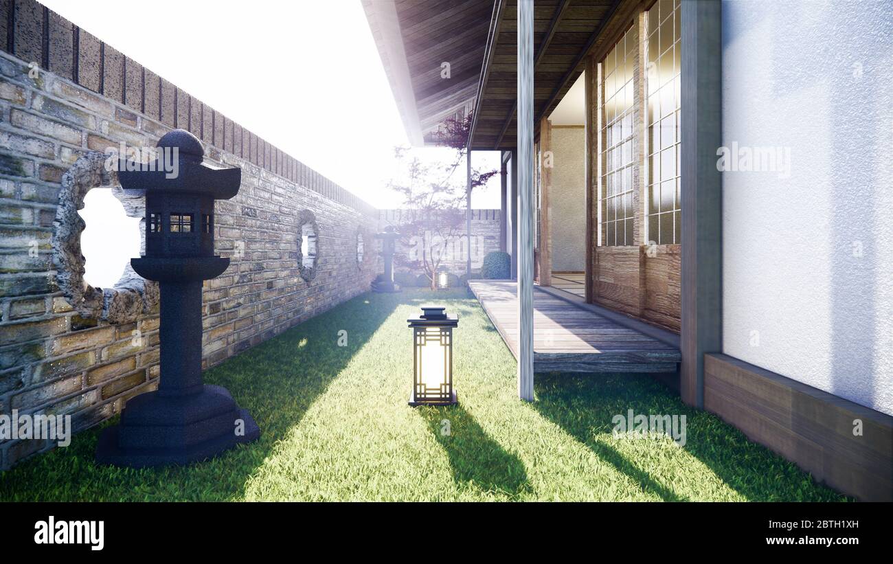 Japanese garden tropical exterior design japan style.3D rendering Stock ...