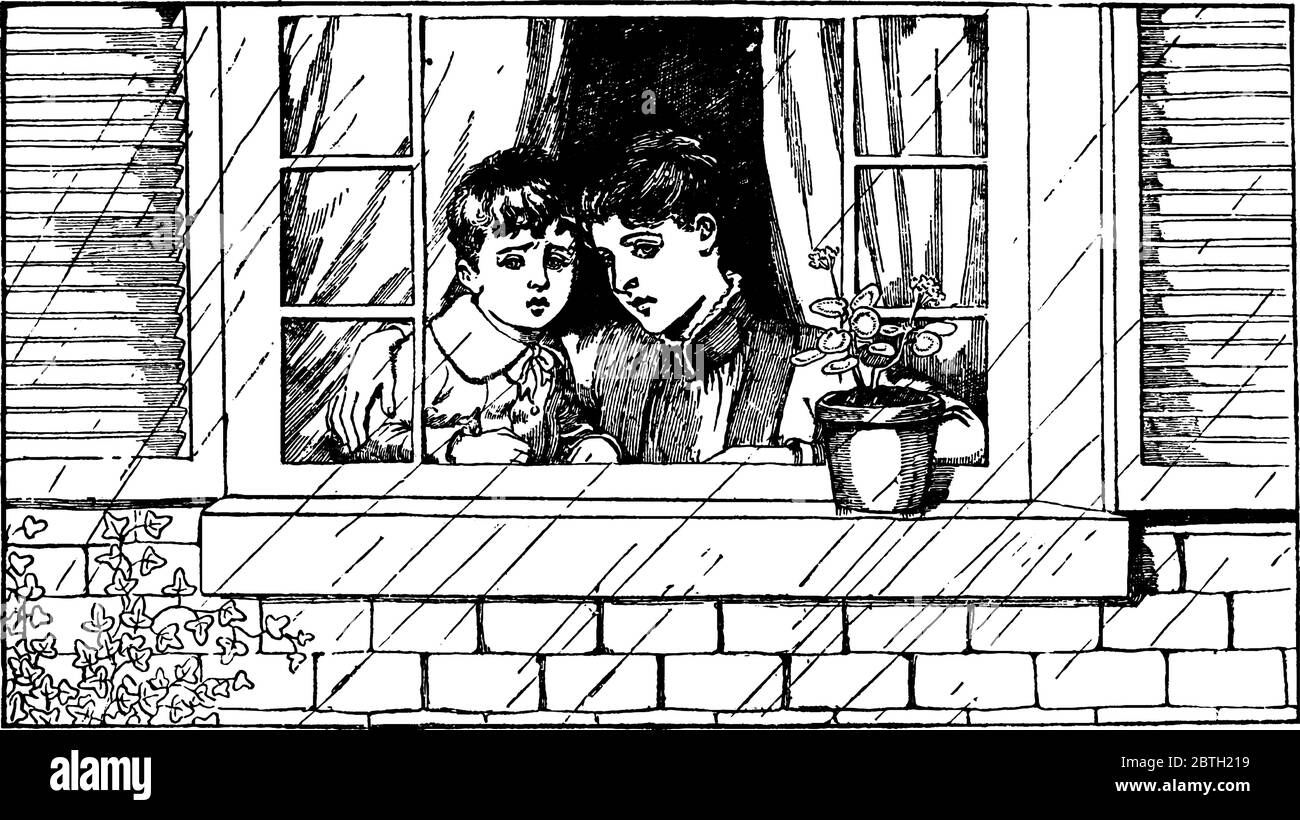 A little boy and his mother looking out the window at the pouring rain ...