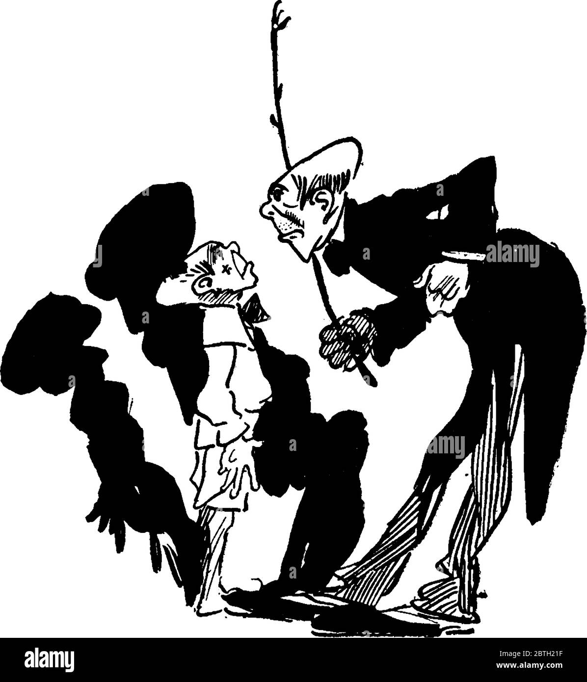 Cartoon showing a man standing and scolding a young boy for his deeds ...