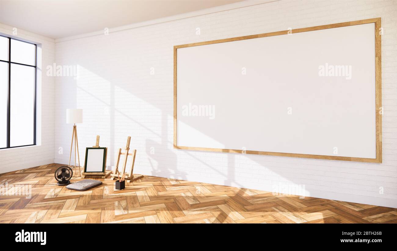 Empty - Living Room white brick wall Loft Style Interior Design. 3D ...