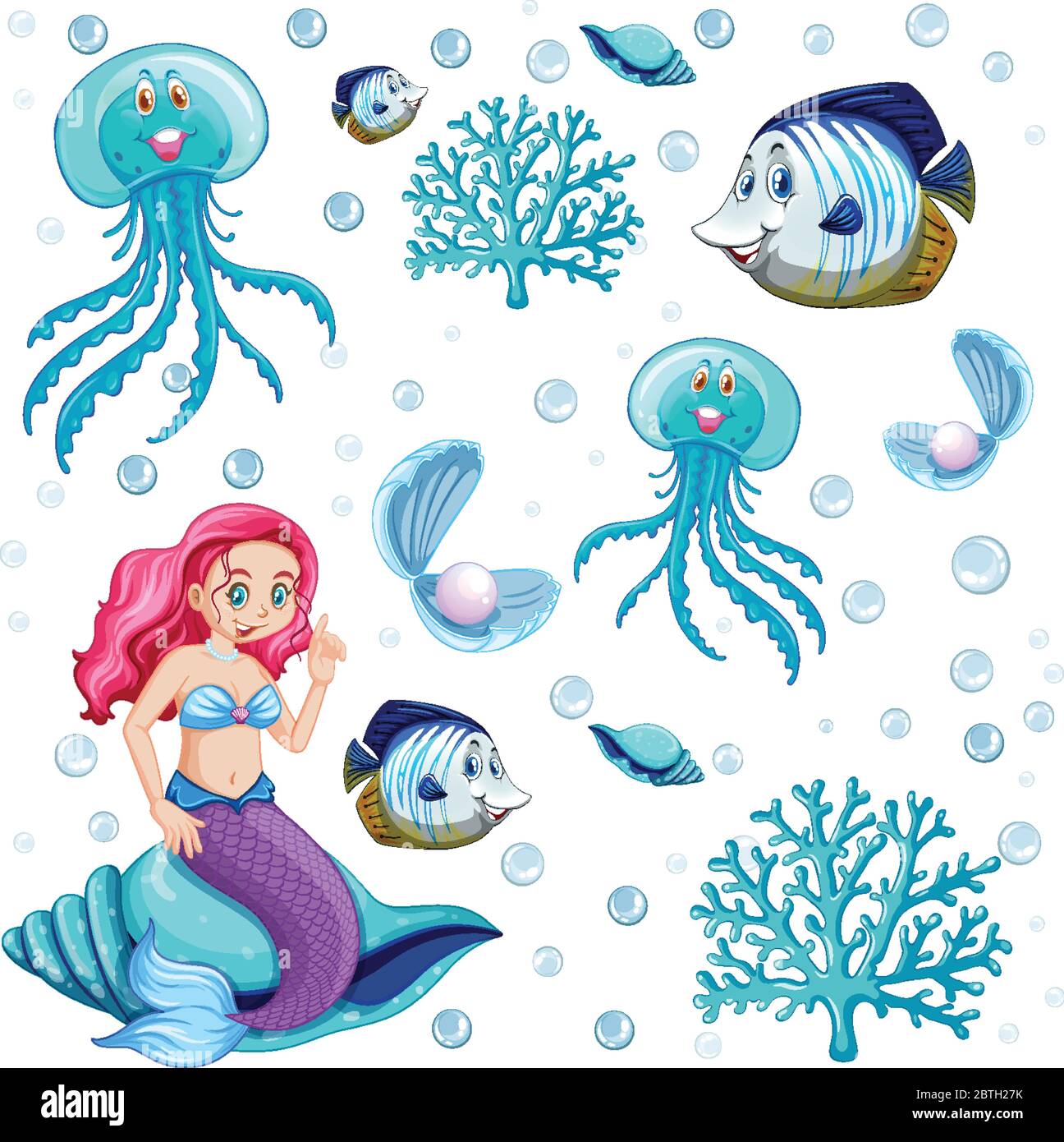Set of sea animals and mermaid cartoon character on white background ...