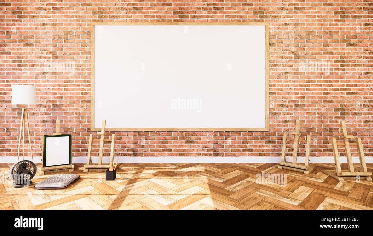 Empty - Living Room white brick wall Loft Style Interior Design. 3D ...