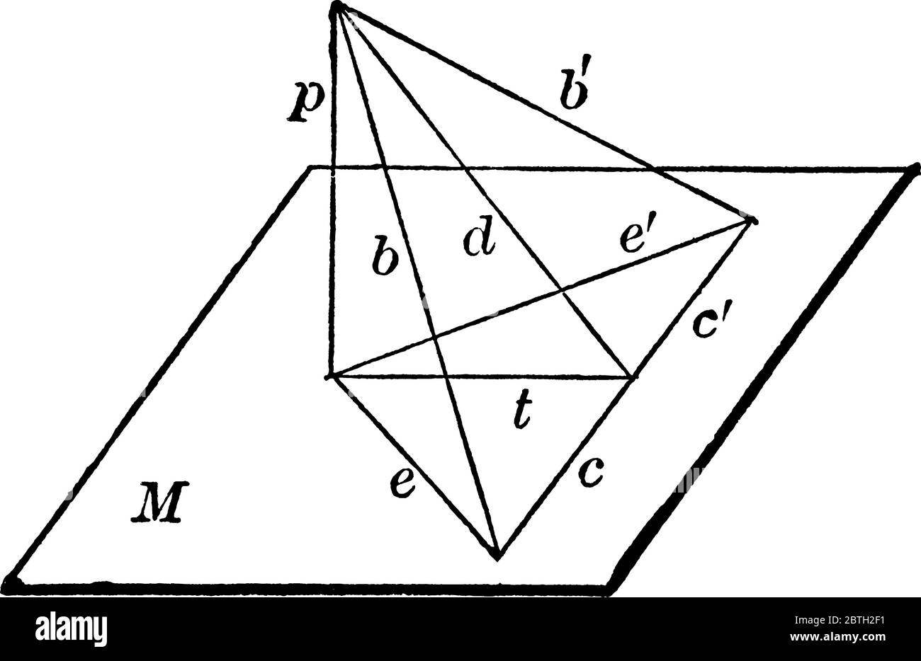 Figure showing line P which is perpendicular to lines d, t, e, and also ...