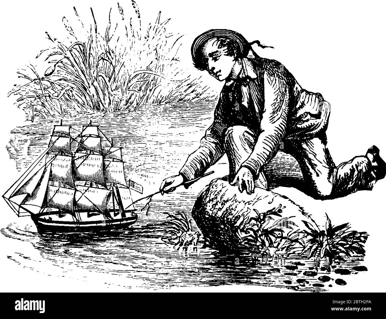 A boy sitting beside the pond and playing with toy boat, boat with flag ...