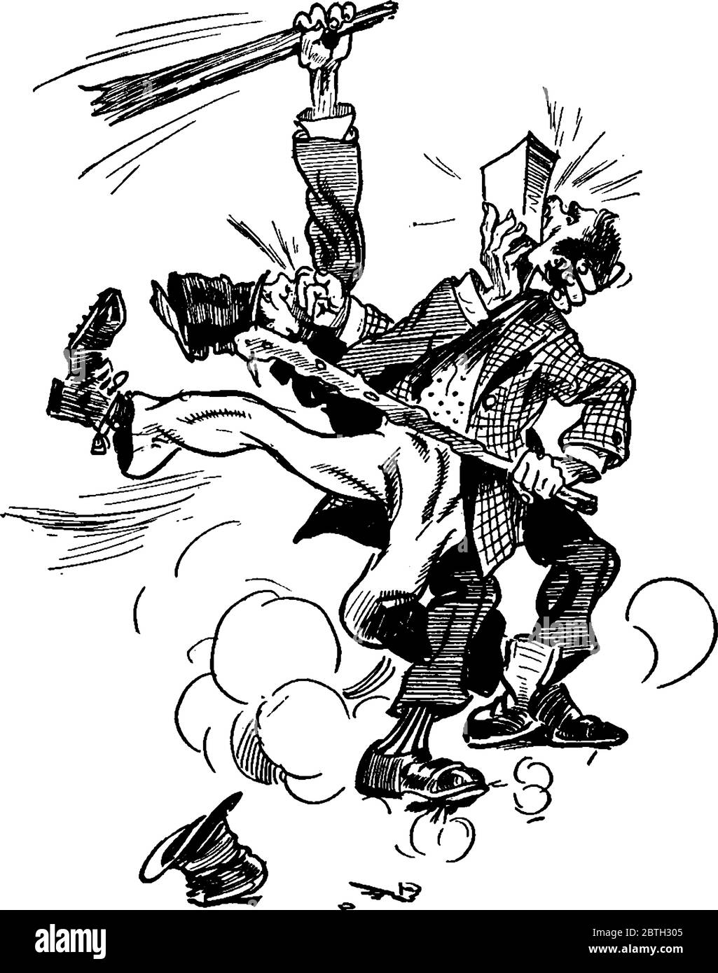 Cartoon showing two men were fighting with each other, vintage line ...