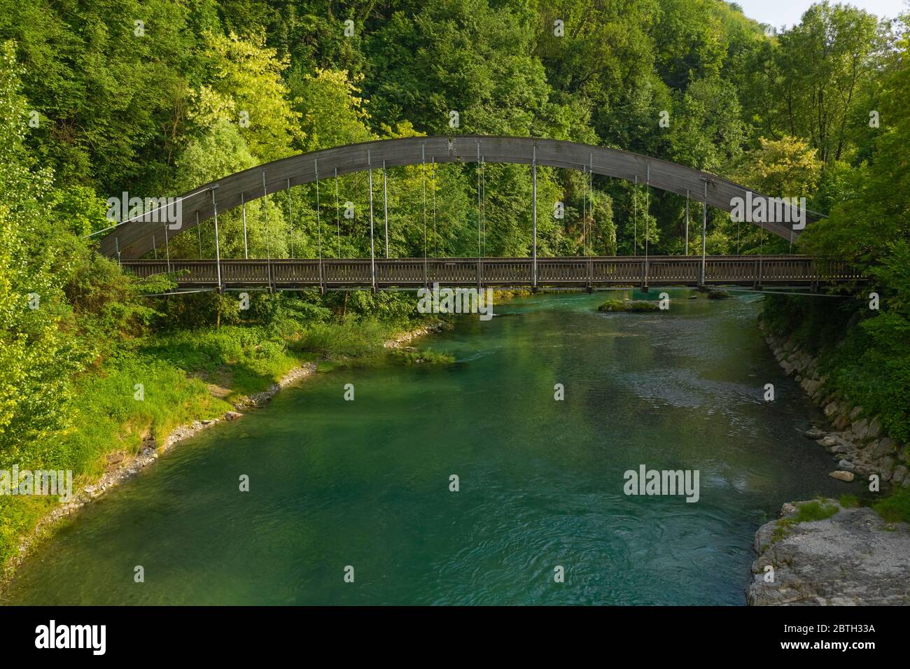 Aerial view of the Serio river and old bridge, Val Seriana Bergamo ...