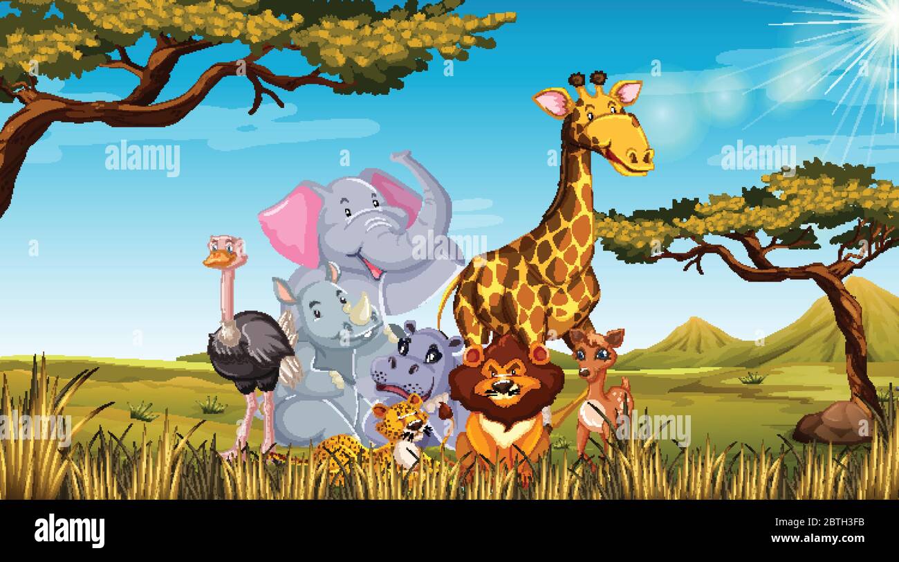 Zoo animals in the wild nature background illustration Stock Vector ...