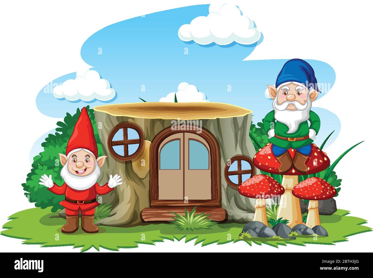 Gnomes standing beside stump house cartoon character on white ...