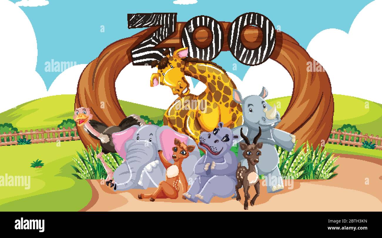 Zoo animals at the entrance sign illustration Stock Vector Image & Art ...