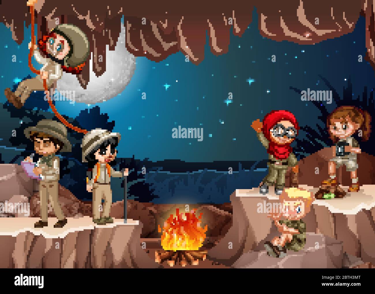 Scene with group of scouts exploring the cave illustration Stock Vector ...