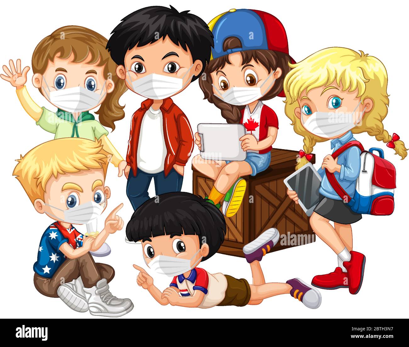 School kids cartoon wearing mask illustration Stock Vector Image & Art ...