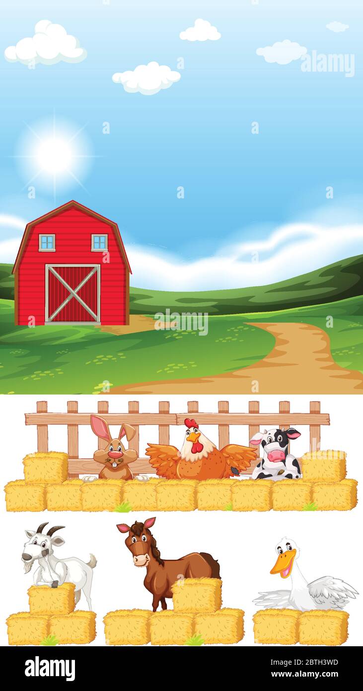 Farm scene with many animals on the farm illustration Stock Vector ...