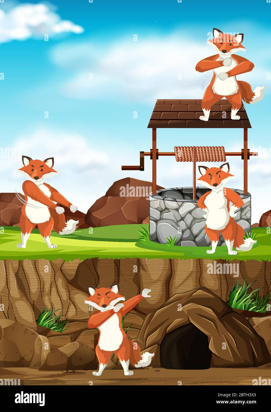 Wild foxes group in many poses in animal park cartoon style on day ...