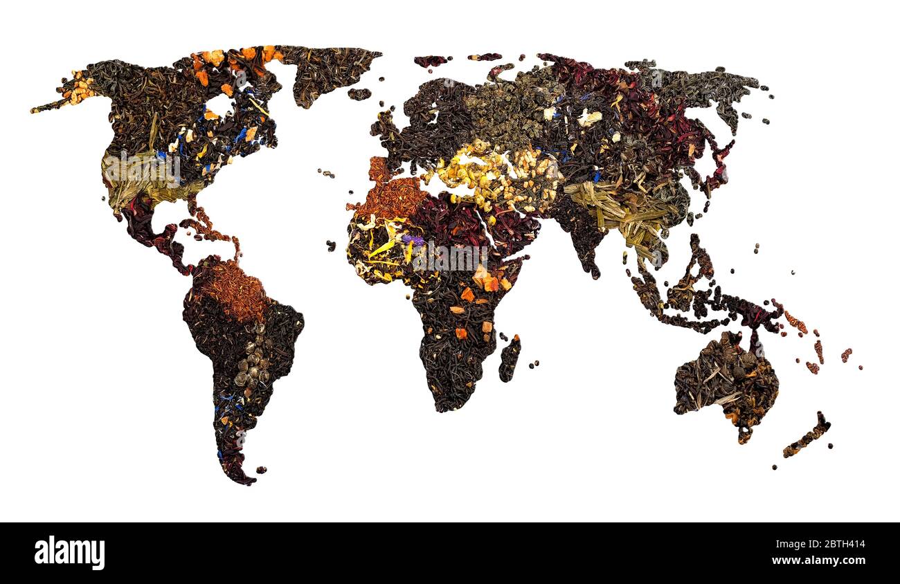 Map of world from different kind of dry tea herbs isolated on white ...