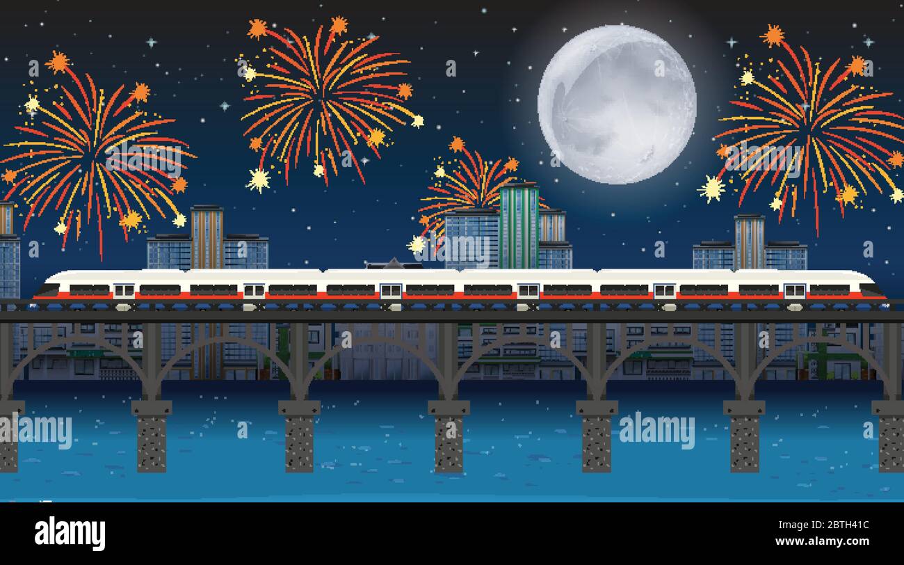 Train cross the river with celebration fireworks scene illustration ...