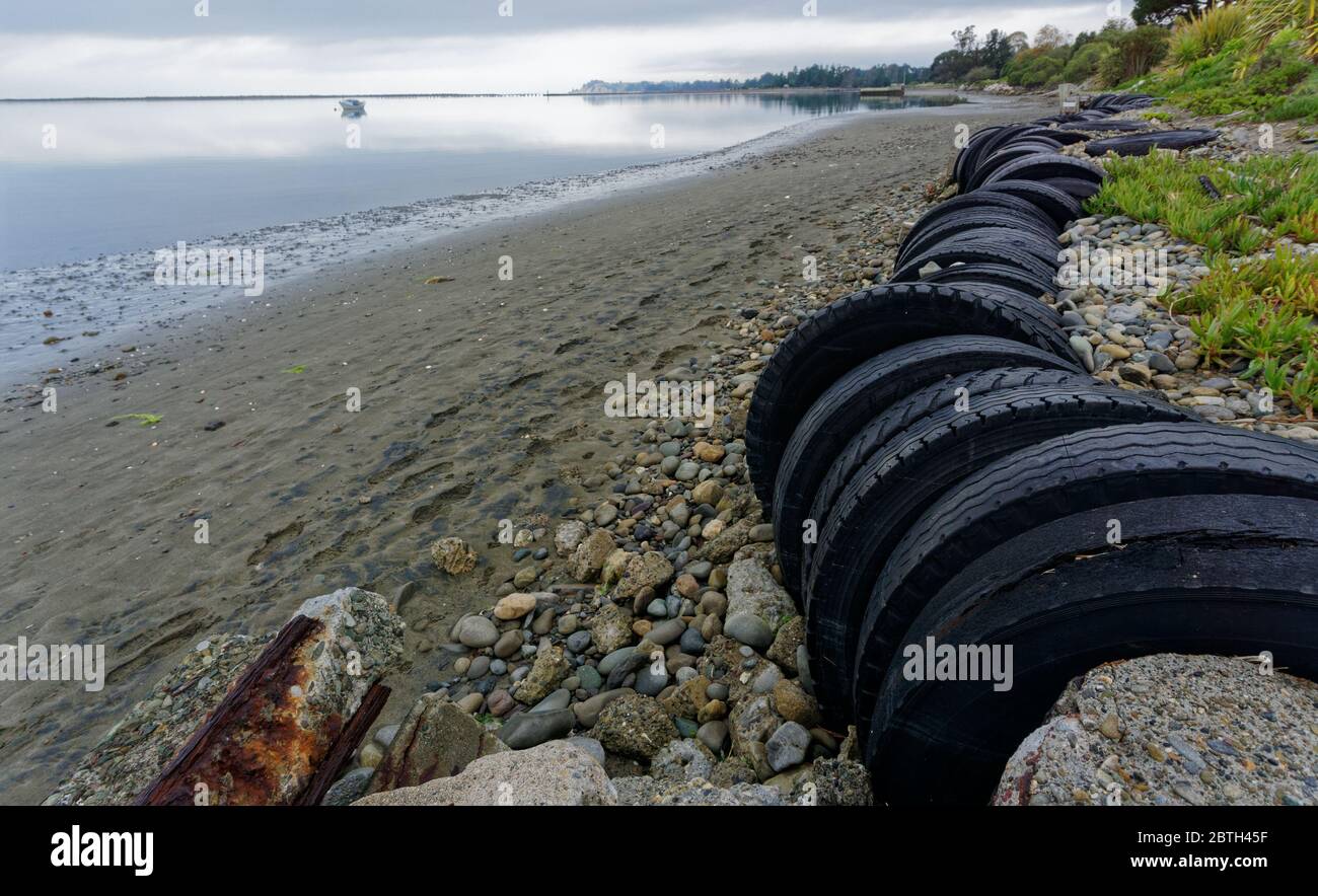Old tires being used as a sea wall, Trewavas Street, Motueka, Tasman ...