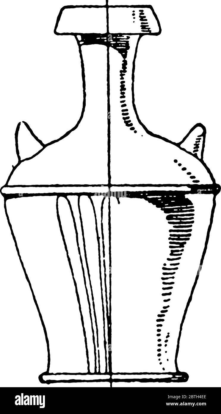 A small vessel with a painted clay design, vintage line drawing or ...