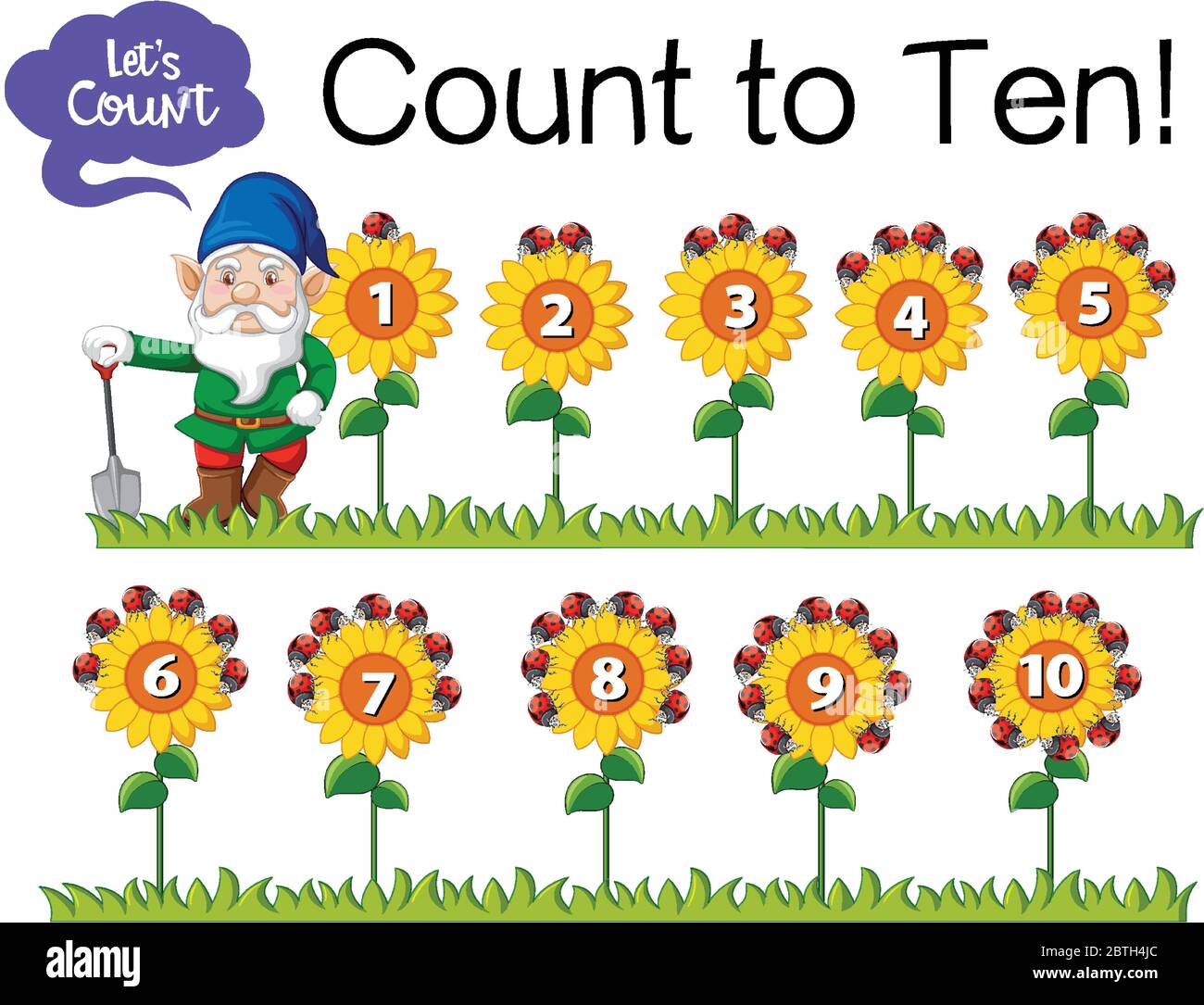 Count the number one to ten with gnome and sunflower on white ...