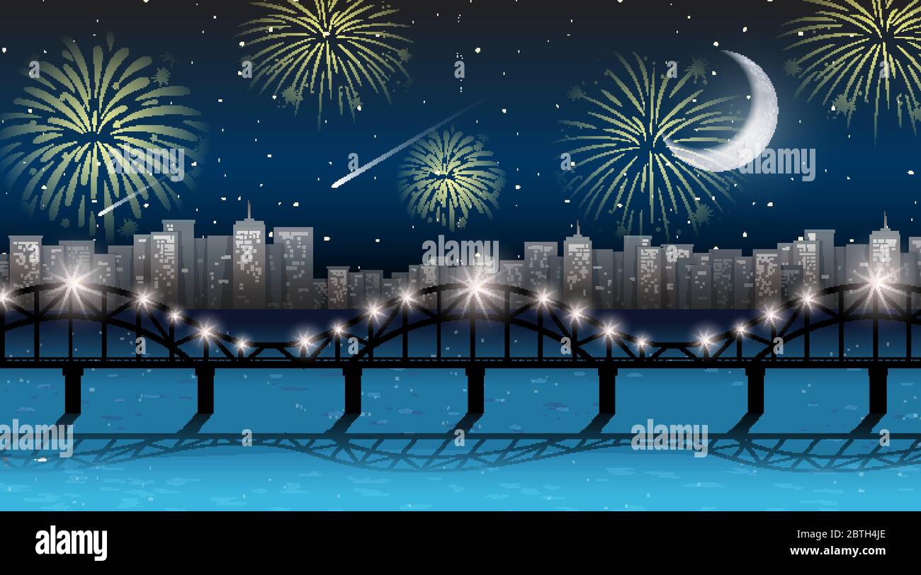Cityscape with celebration fireworks scene illustration Stock Vector ...