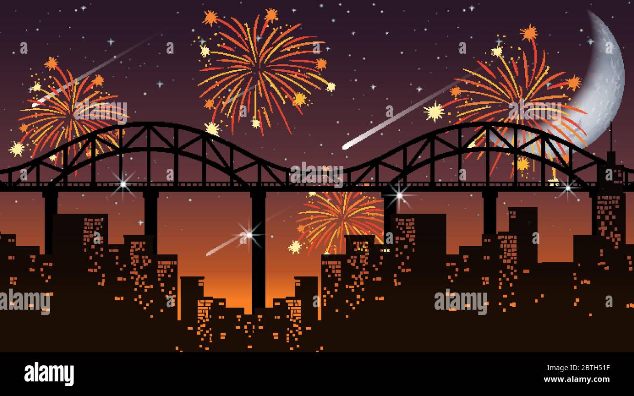 Cityscape with celebration fireworks scene illustration Stock Vector ...
