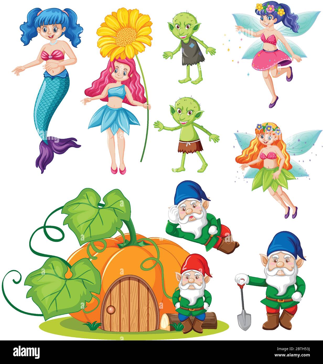 Set Of Fantasy Folk Cartoon Character On White Background Illustration