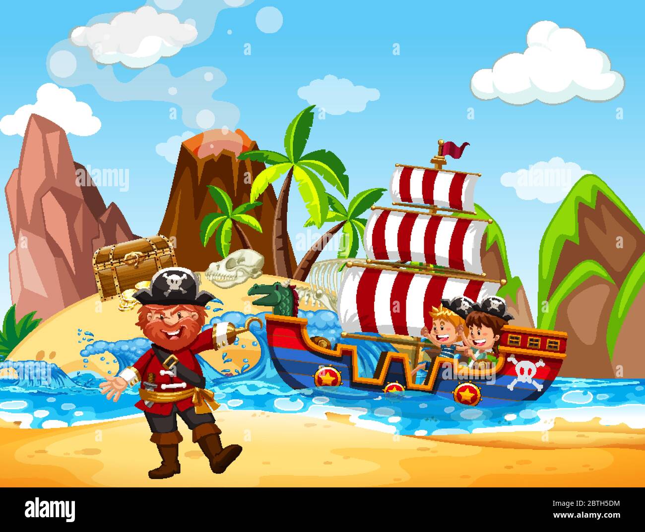 Scene with pirate and viking ship at sea illustration Stock Vector ...