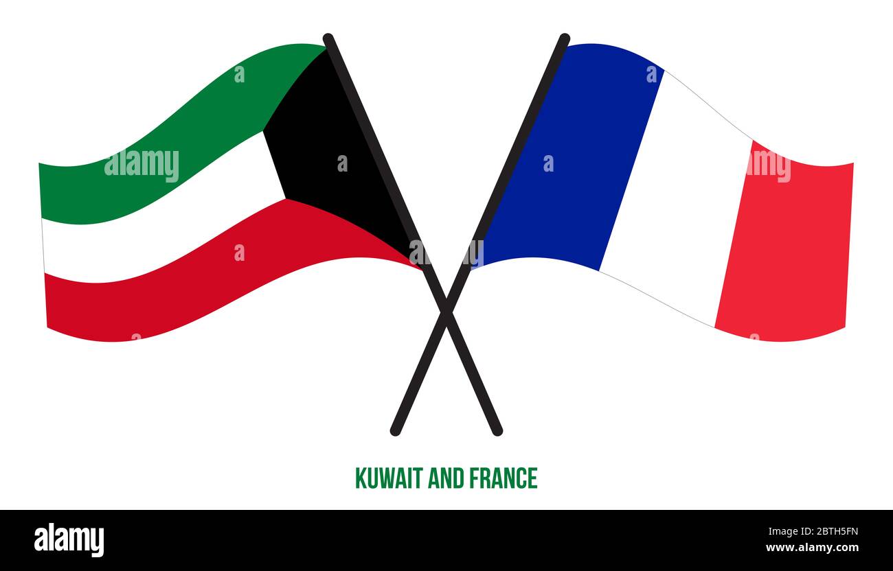 Kuwait and France Flags Crossed And Waving Flat Style. Official ...