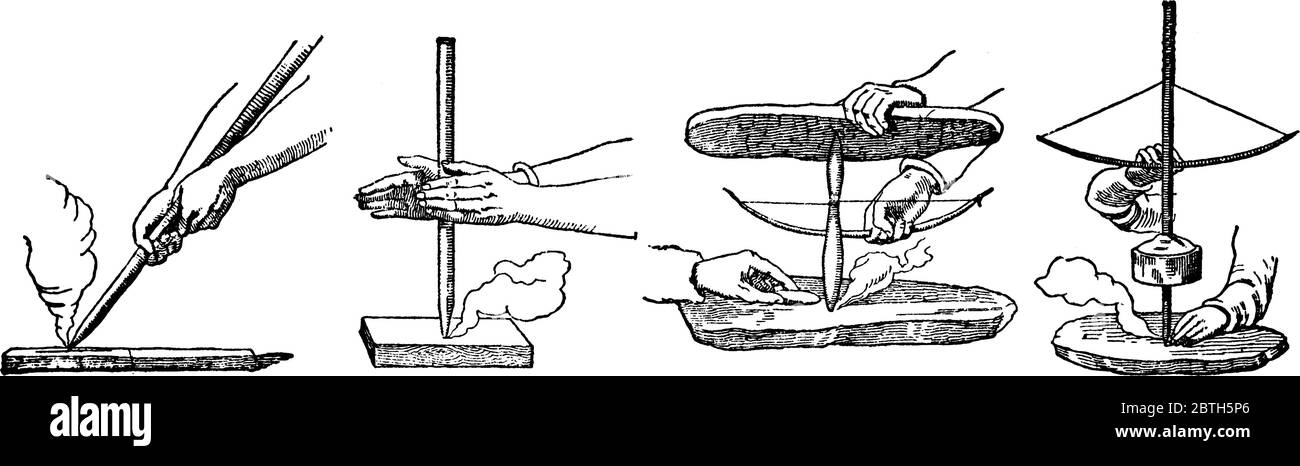 Four images showing primitive methods of making fire, vintage line ...