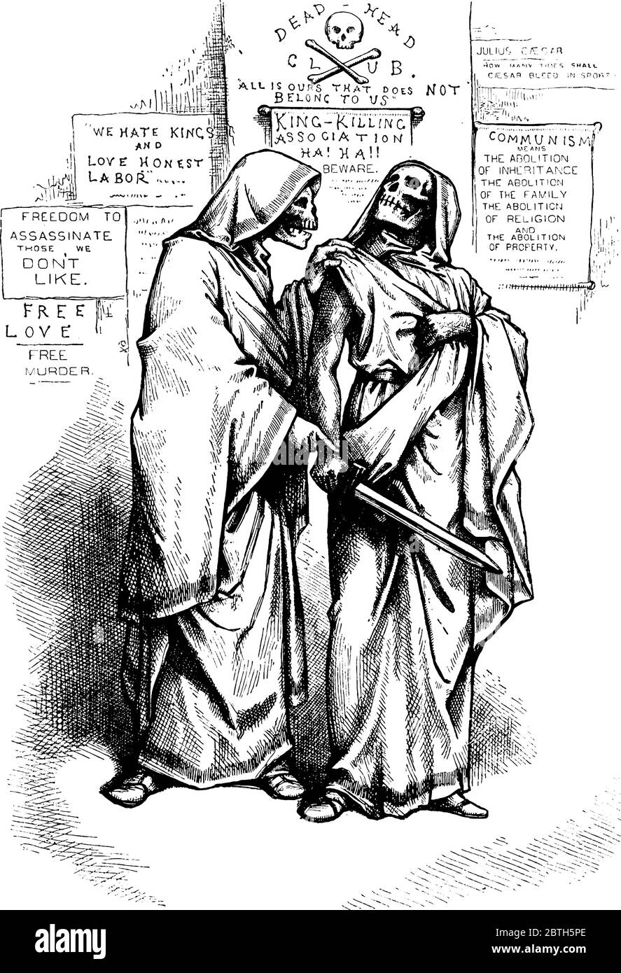 Cartoon of Communism Evils with skull holding sword, vintage line ...