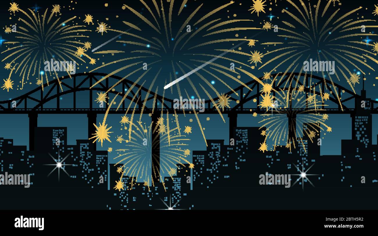 Cityscape with celebration fireworks scene illustration Stock Vector ...