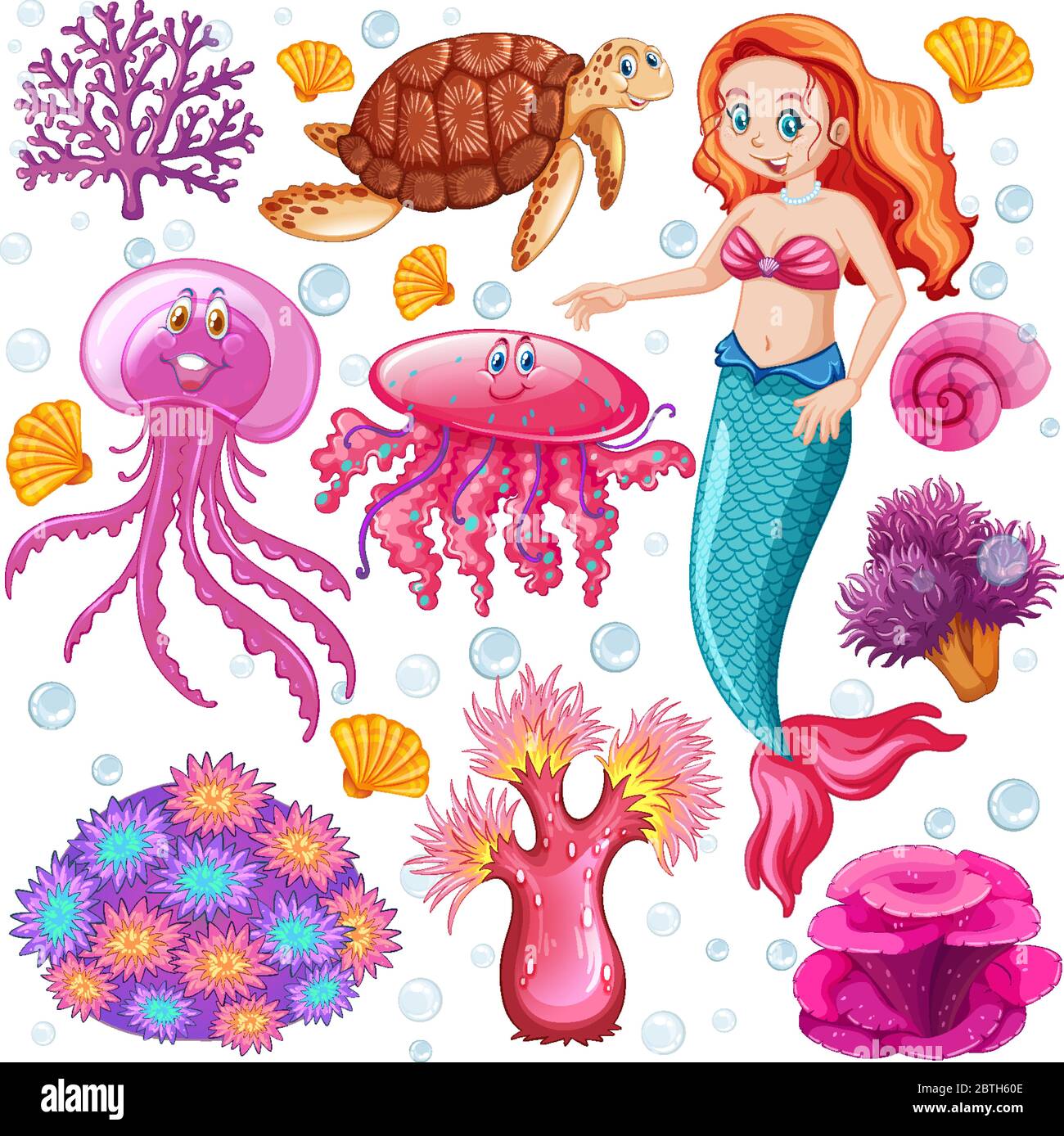 Set of sea animals and mermaid cartoon character illustration Stock ...