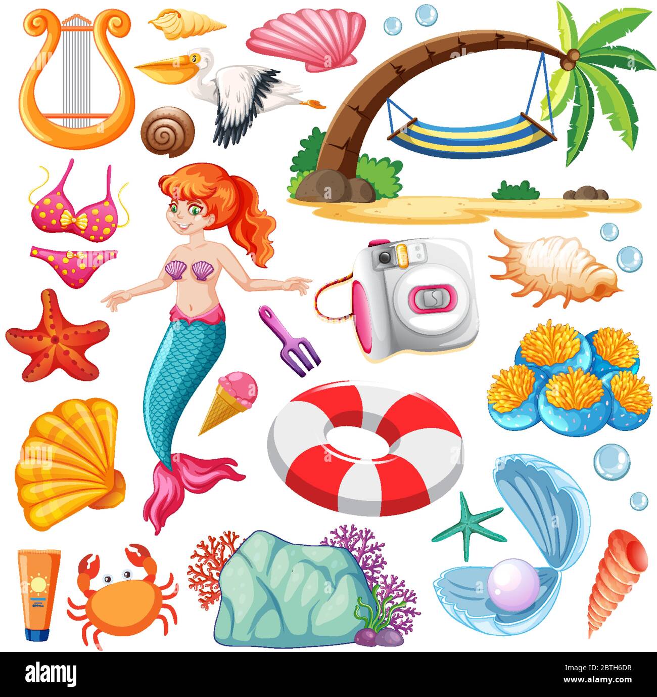Set of mermaid and summer icon cartoon character on white background ...