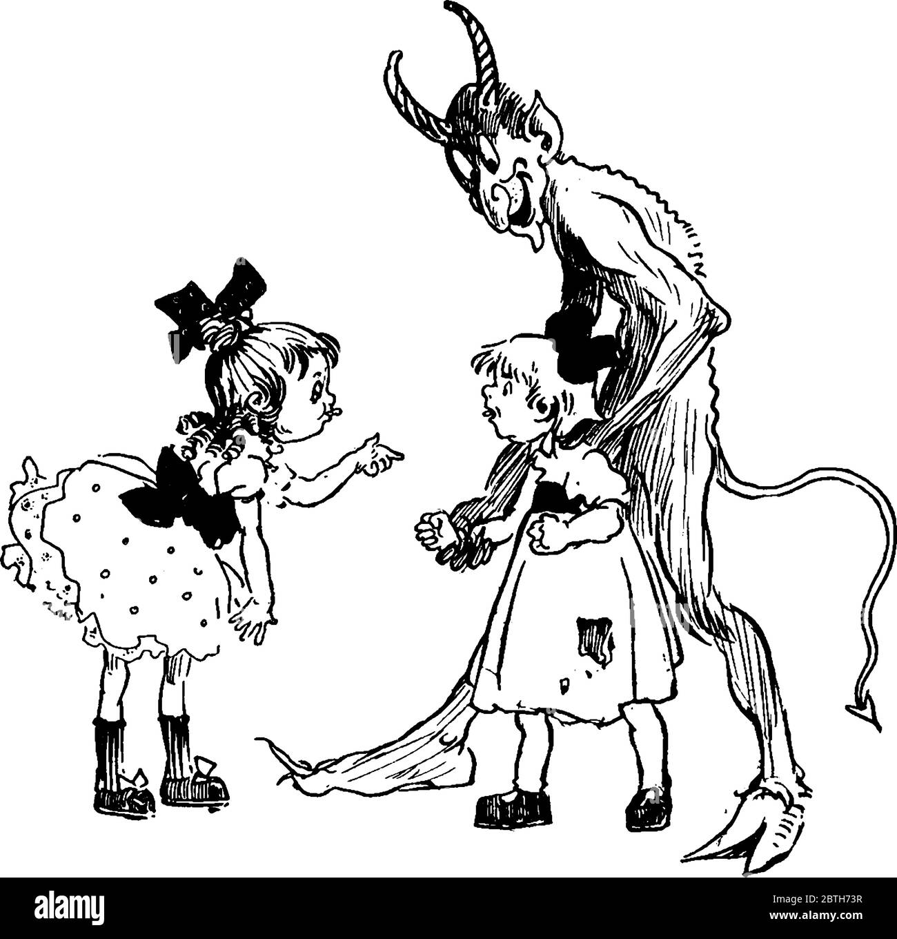 Two young girl teasing each other while a Satan is standing behind one ...
