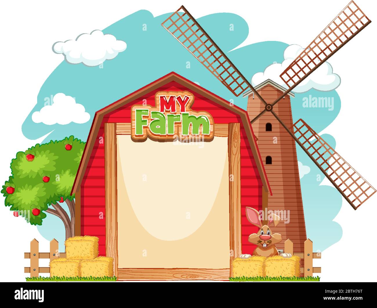 Border template design with brown bunny and red barn illustration Stock ...
