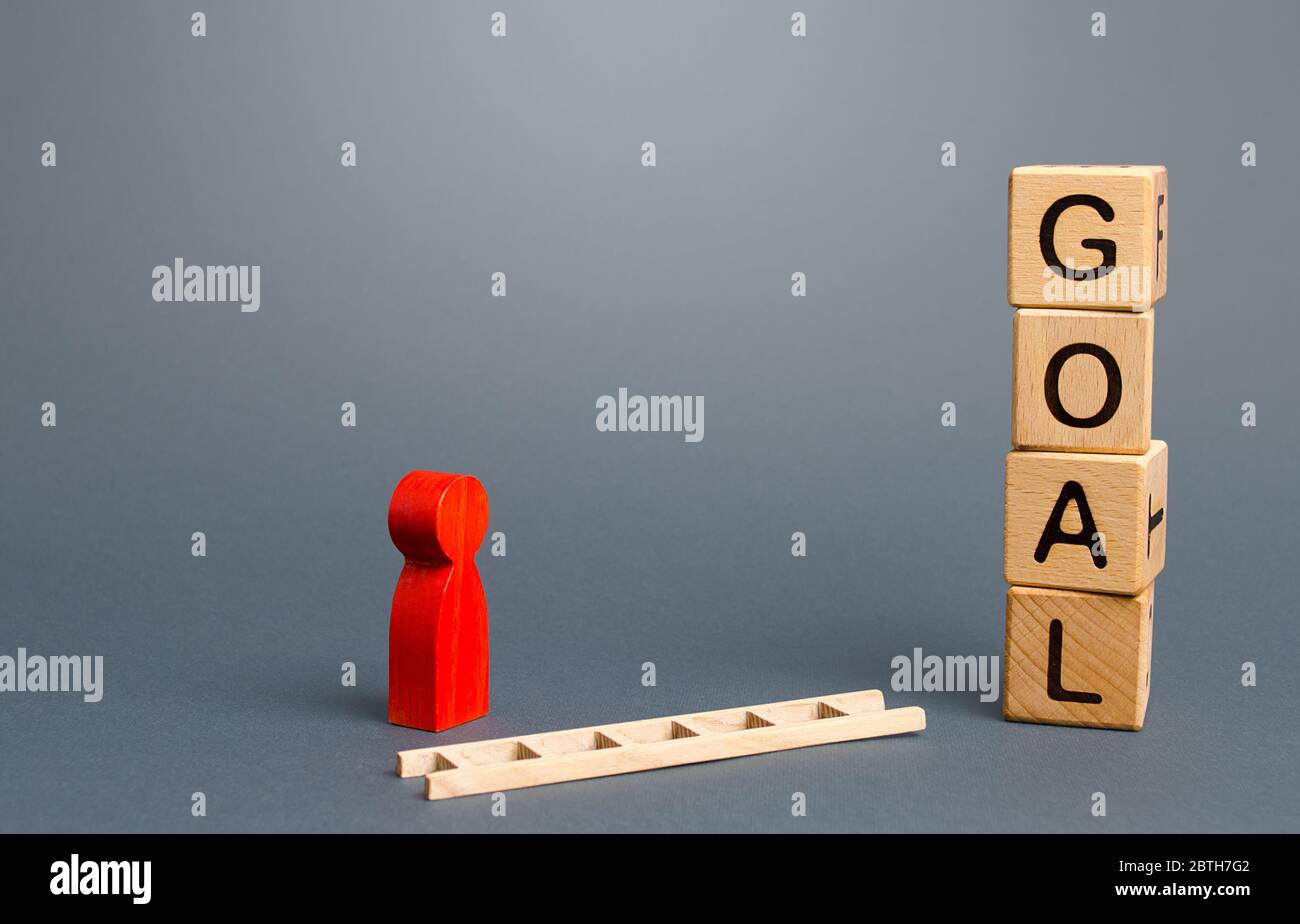 Person near Goal blocks tower and a fallen ladder. Using tools to solve ...